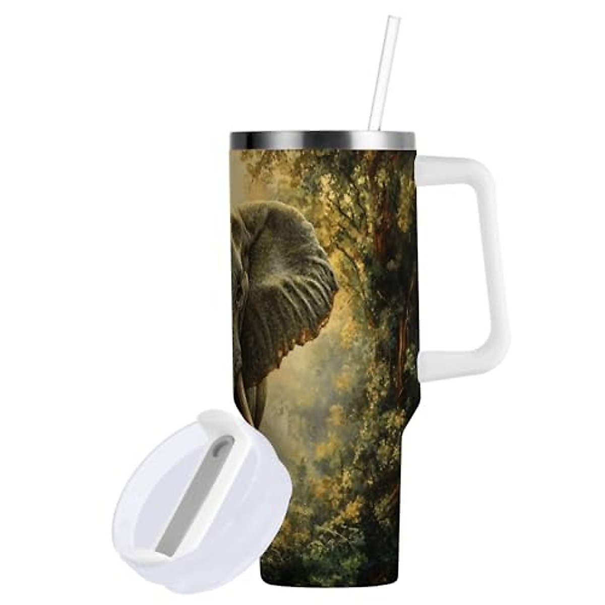 Jihqo Jungle Elephant 40 oz Stainless Steel Vacuum Insulated Tumbler with Handle and Straw Lid, Leakproof Water Bottle Double Wall Travel Mug Coffee Cup, Cupholder Friendly