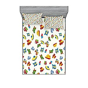 Ambesonne Plane Fitted Sheet & Pillow Sham Set, Airplane Boat Ship Helicopter Submarine Car Truck Van Boys Cartoon Transportation, Decorative Printed 6 Piece Bedding Decor Set, King, Multicolor