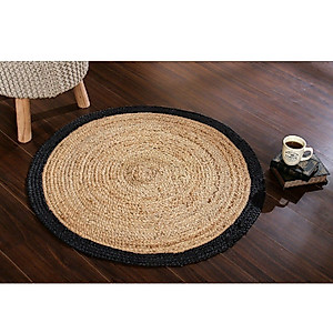 THE PIKKU INTERNATIONAL - Rug Round Natural Jute Hand Woven Braided Area Rug Beige with Black Color Border Carpet (132 x 132 Inch (11 Feet Round))