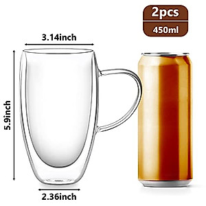 E-Greetshopping 16 oz Double Wall Glass Coffee Mugs,Insulated Layer Coffee Cups with Handles,Cappuccino Latte Macchiato Glasses Cups, Heat Resistant for Hot Drinks Tea Milk Juice Ice Cream(Set of 2)