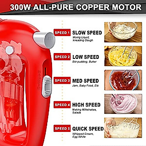 Lord Eagle Electric Hand Mixer Mini, 300W Power Handheld Mixer Kitchen for 5-Speed Baking Cake Egg Cream Food Beaters Whisk, with Snap-On Storage Case, Red