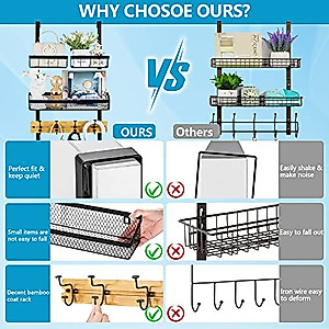 ETECHMART Over The Door Hooks Organizer, Door Hanger with 3 Mesh Baskets & Bamboo Coat Rack, Heavy Duty Towel Rack for Bathroom Kitchen Hanging Clothes Hats, Heavy Duty Back of Door Storage, Bamboo