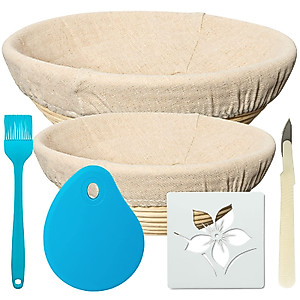 Bread Banneton Proofing Basket Set | 9” & 10” Round Baking Bowl Kit for Sourdough | Includes Dough Scraper, Bread Lame, Brotform Cloth Liner, Basting Brush (Blue)
