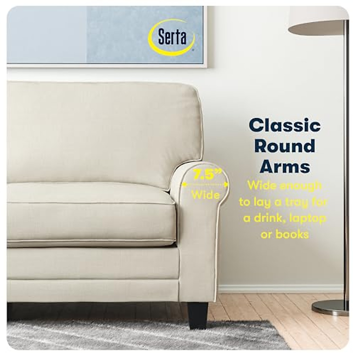 Serta Copenhagen 73" Rolled Arm Sofa, Easy Care Polyester, Soft Pillow Back, Pocket Coil Seat Cushions, Removable Covers, Loveseat or Couch for Small Spaces, Living Rooms or Bedrooms, Buttercream
