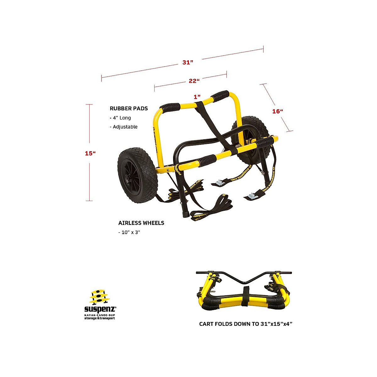 Suspenz Kayak Canoe Trailer Cart, Heavy Duty Kayak Transport Dolly with Airless Wheels, Yellow, 22-6699