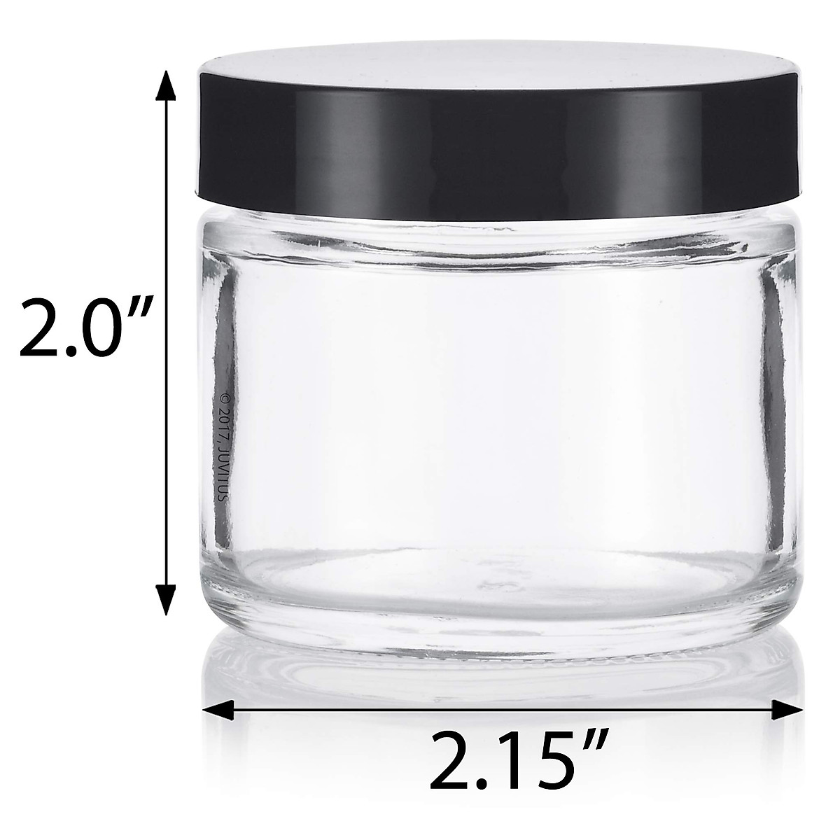 JUVITUS Clear Thick Glass Straight Sided Jar - 2 oz / 60 ml (3 pack) Airtight Smell Proof BPA Free Lids