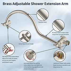 Hibbent 10" Thickness Metal Rainfall Shower Head/Handheld Showerhead Combo with 12'' Adjustable Curved Shower Extension Arm, 7-Spray, 71'' Hose, Adhesive Showerhead Holder, Brushed Nickel