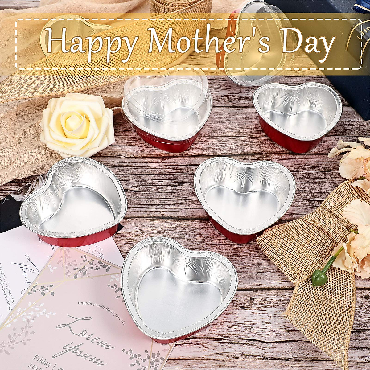 Aluminum Foil Cake Pan Heart Shaped Cupcake Cup with Lids 100 ml/ 3.4 Ounces Disposable Mini Cupcake Cup Flan Baking Cups for Valentine Mother's Day Wedding Xmas Birthday (Red,20 Sets)