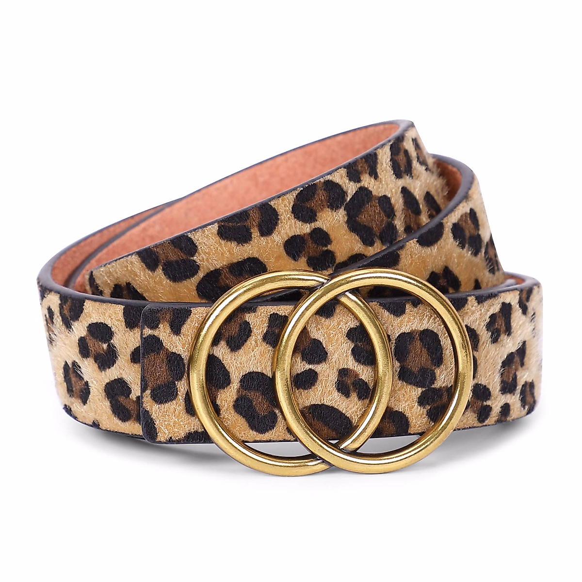SANSTHS Womens Leopard Belt with Removable Gold Double Ring Buckle for Jeans, M