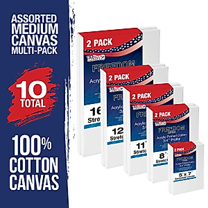 U.S. Art Supply Professional Quality Stretched Canvas, Multipack of 10 Medium Sizes, 2 Each 5x7, 8x10, 11x14, 12x16, 16x20 Inches - 12-Ounce Primed, 3/4", 100% Cotton - Painting, Acrylic Pouring, Oil