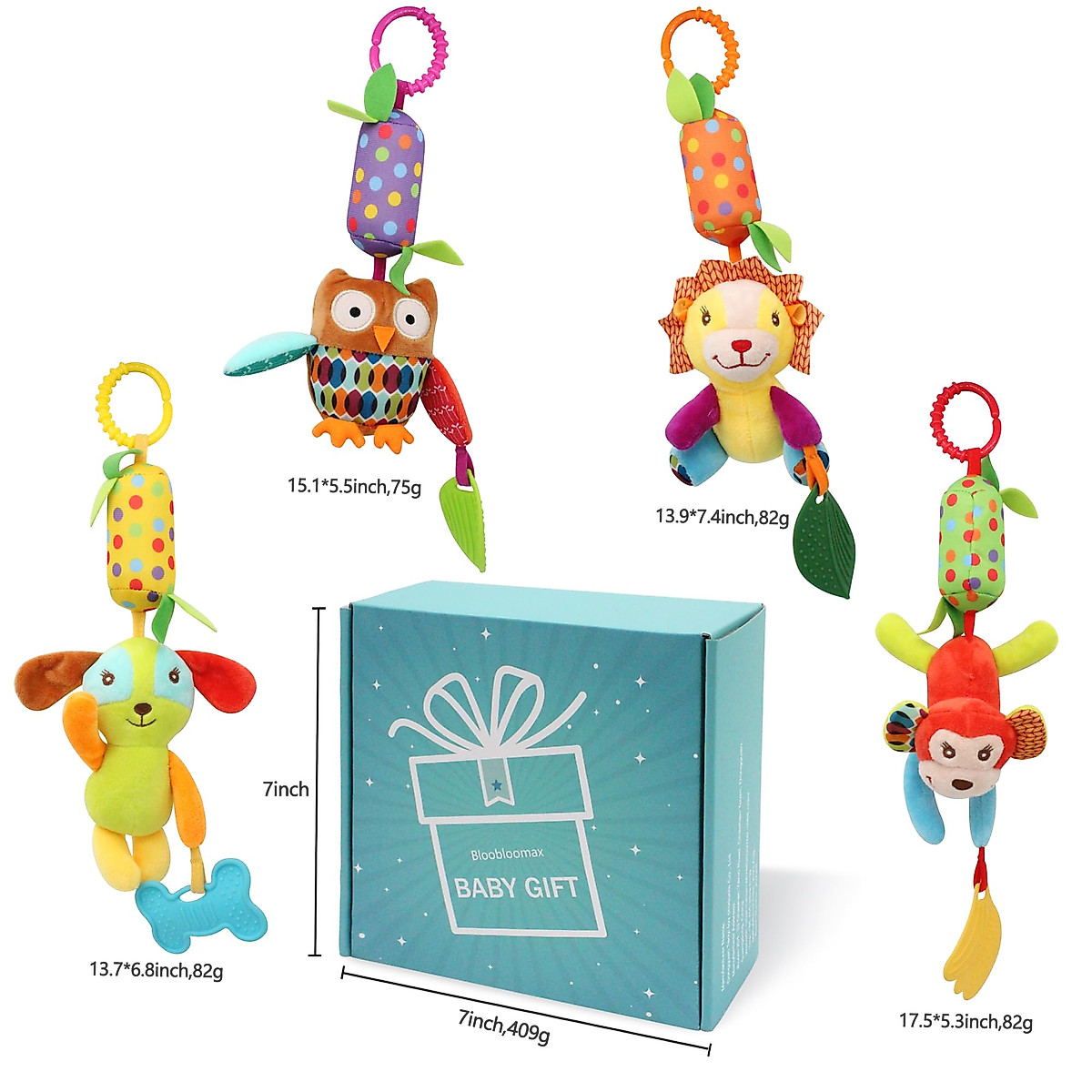 BLOOBLOOMAX Baby Soft Hanging Rattle, Car Seat Stroller Toys with Plush Animal C-Clip Ring for Infant Babies Boys and Girls 3 6 9 to 12 Months (4pcs)