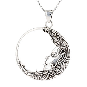 Jewelry Trends Sterling Silver Large Crescent Moon Goddess Face Pendant Necklace 18"