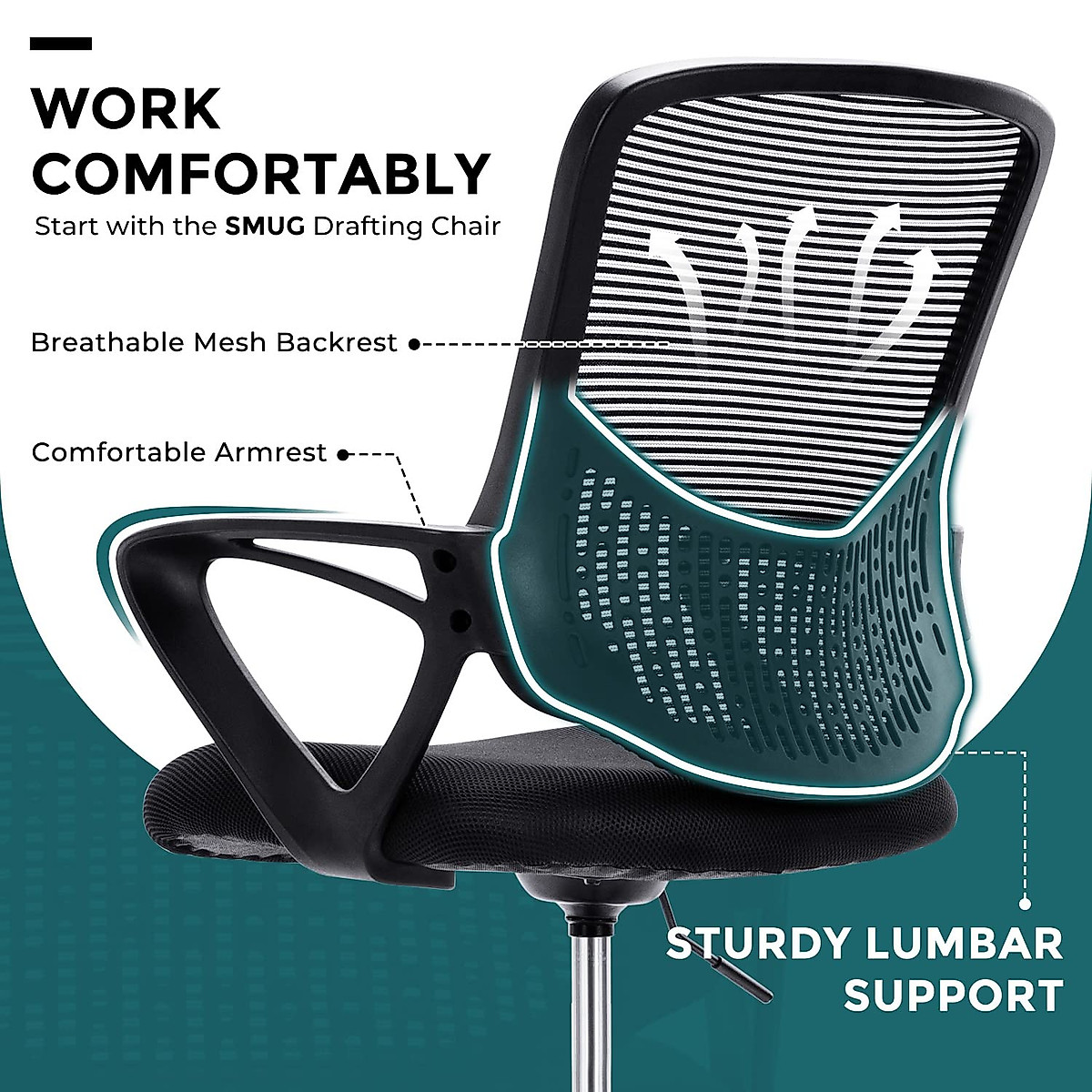 SMUG Drafting Chair Tall Office Chair, Standing Desk Chair Counter Height Office Chairs, Mid Back Mesh Office Drafting Chairs with Armrest, Height Adjustable Foot Ring, Black