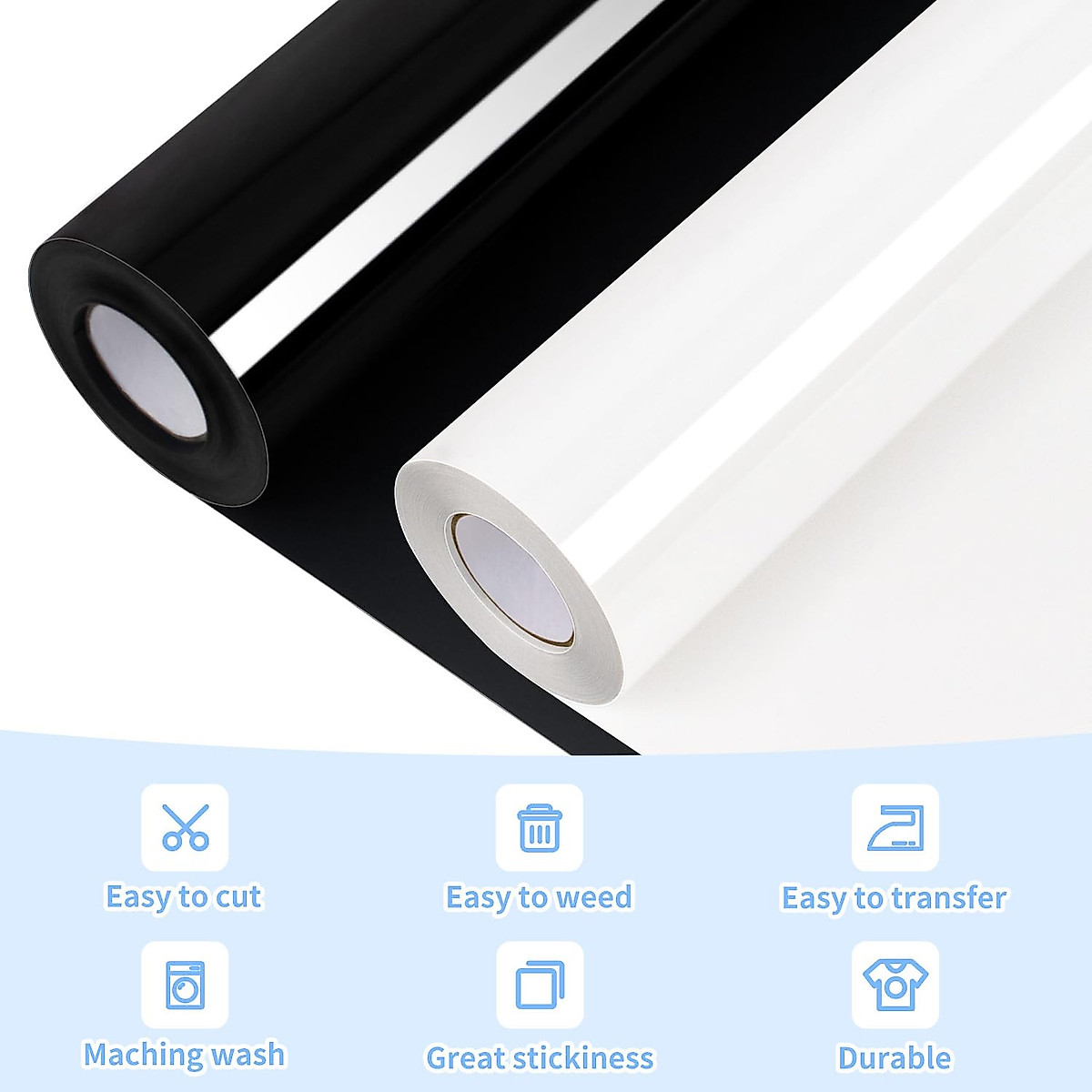 VinylRus Heat Transfer Vinyl-12” x 25ft Black & White Iron on Vinyl Roll for Shirts, HTV Vinyl for Silhouette Cameo, Cricut, Easy to Cut & Weed