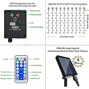 600 LED Solar Curtain Lights Outdoor Remote Control Gazebo Light 8 Modes Waterproof Waterfall Fairy Light String Window Wall Hanging Solar Patio Light Outside Wedding Party Christmas Decor, Warm
