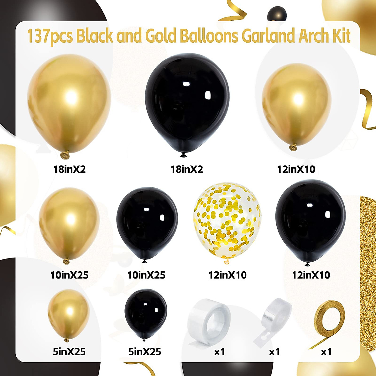 KAWKALSH 137Pcs Black and Gold Balloons Garland Arch Kit, Metallic Gold Confetti Latex Balloons for Graduation Party Baby Shower Wedding Anniversary Birthday Party Decorations…