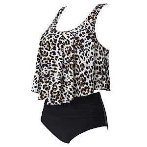 OMKAGI Women Ruffle Bikini Swimsuit Plus Size Racerback High Waisted Tankini Set(XXX-Large,Leopard-Black)