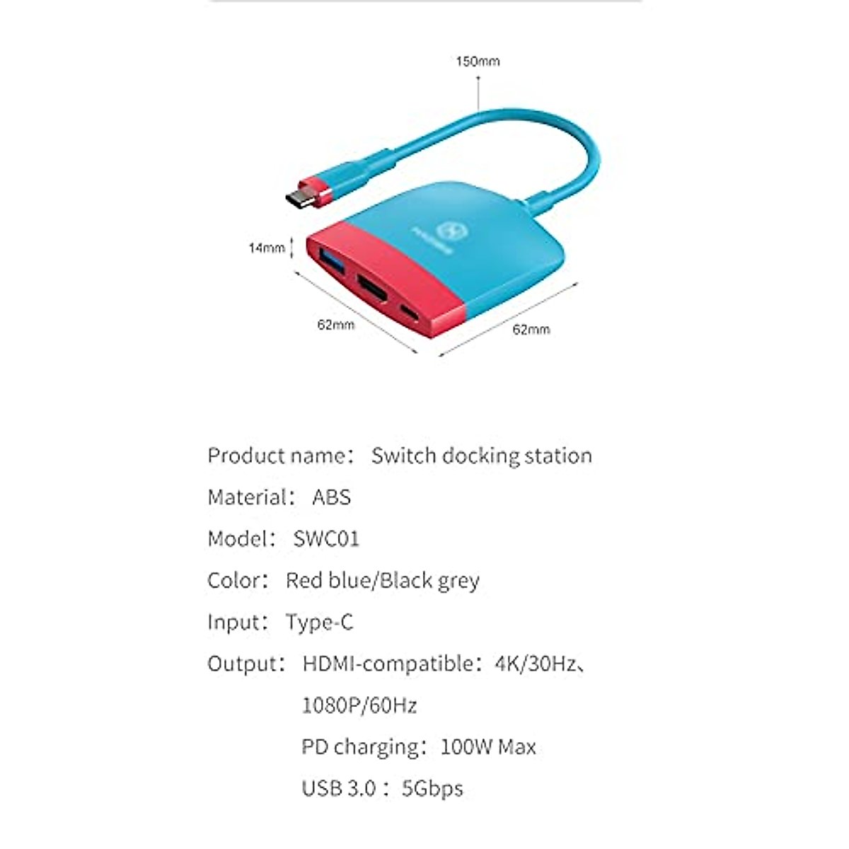 GPPZM Multi-Function Portable Docking Station USB C to 4K HDMI-Compatible USB 3.0 PD for MacBook Pro (Color : Red Blue)