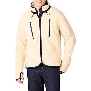 Amazon Essentials Men's Teddy Fleece Full-Zip Mock Neck Jacket with Chest Pockets, Beige, X-Large