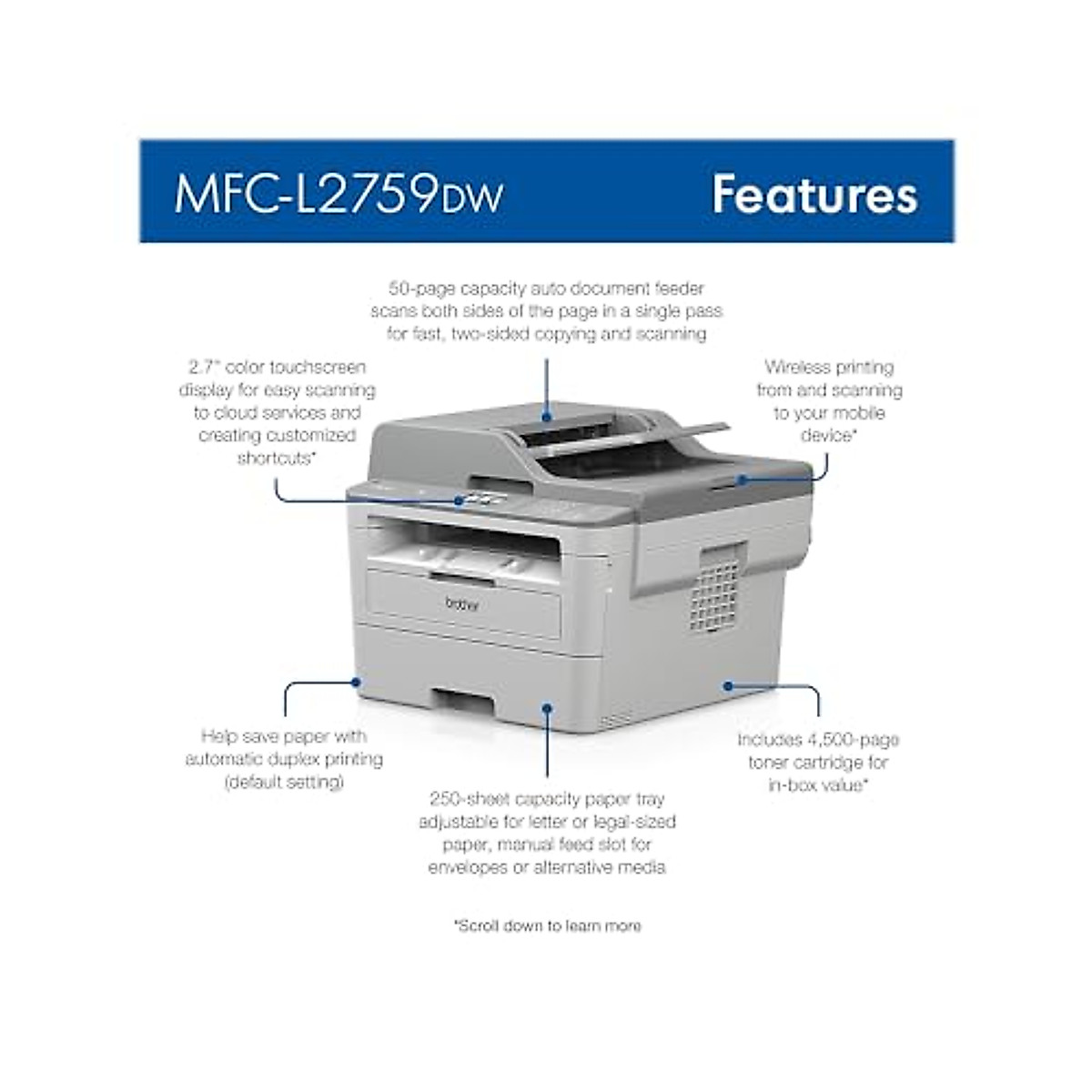 Brother MFC-L2759DW Wireless Black & White All-in-One Laser Printer (012502668879) (MFCL2759DW)