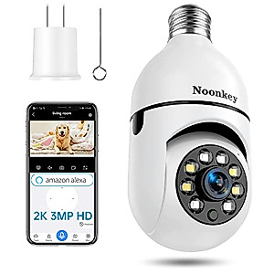 Noonkey 2K/3MP Light Bulb Security Camera, 360° Degree Panoramic,Alexa E27 Light Socket Camera for Outdoor, Wireless WiFi Home IP Camera with Motion Tracking Alarm, Color Night Vision,Two-Way Talk