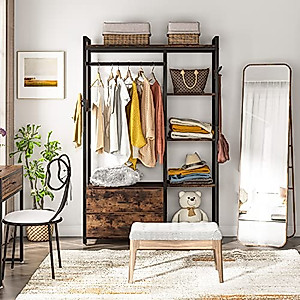 LITTLE TREE Freestanding Closet Organizer, Clothes Rack with Drawers and Shelves Heavy-Duty Garment Rack Wardrobe Closet Clothing Storage Organizer for Bedroom, Rustic Brown