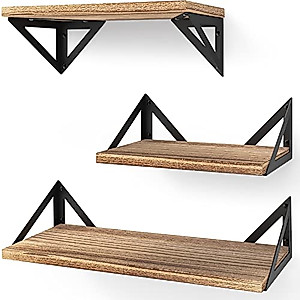 BAYKA Floating Shelves for Bedroom Decor, Rustic Wood Wall Shelves for Living Room Wall Mounted, Hanging Shelving for Bathroom, Laundry Room, Small Shelf for Plants, Books(Brown,Set of 3)