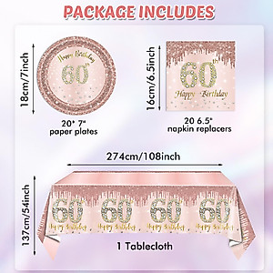 41PCS 60th Birthday Decorations For women Rose Gold Sixty Year Old Birthday Supplies Plates Napkins Tablecloth Disposable Tableware For 20 Guests