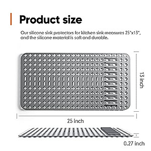 Moryimi Silicone Sink Protectors for Kitchen Sink with Cleanging Brush, Grey Sink Mats with feet, Large Grips Silicone Sink Mat for Bottom of Kitchen Farmhouse Stainless Steel Porcelain Sink 25"x13"