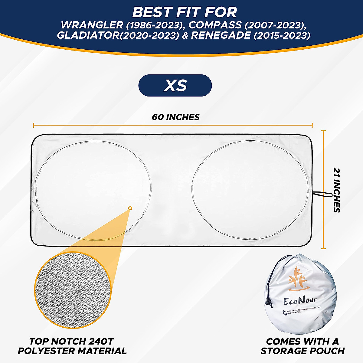 EcoNour Jeep Windshield Sunshade | Sun Visor for UV Rays & Heat Protection | Suitable for Wrangler, Compass, Gladiator & Renegade | Accessories for Jeep Wrangler | X-Small - 60x21 inches