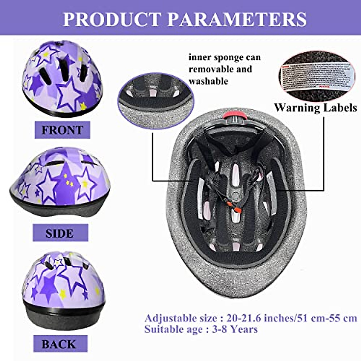 Kids Helmet Adjustable for Kids Ages 3-8 Years Old Boys Girls, Toddler Bike Helmet with Protective Sports Gear Set Knee Elbow Pads Wrist Guards for Cycling Roller Skating Skateboard-(Purple Star)