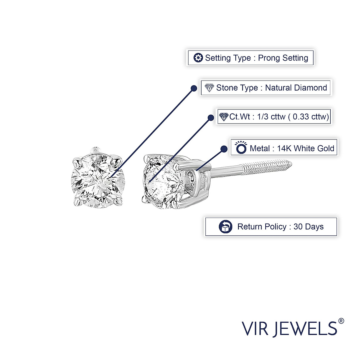 Vir Jewels 1/3 cttw Diamond Stud Earrings 14K White Gold