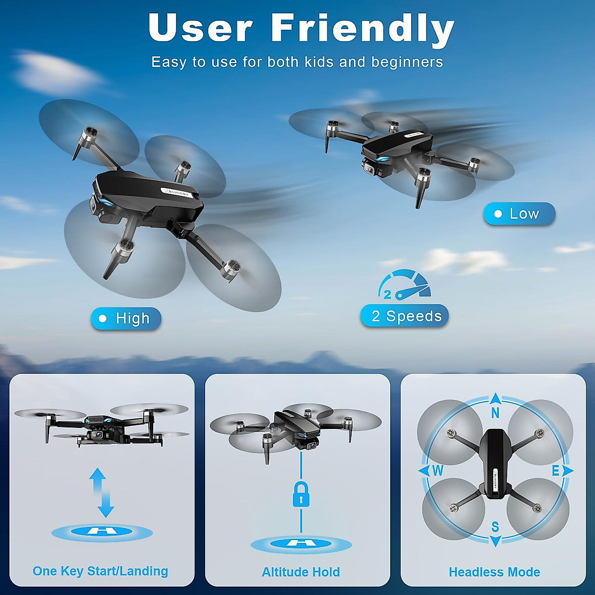 Drone with Camera, 2K HD FPV Drone with Brushless Motor, Altitude Hold, Gesture Selfie, One Key Take Off/Landing, 3D Flips, Waypoint Fly, 2 Batteries, Foldable Mini Drones for Kids and Beginners