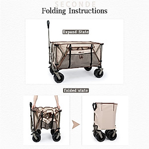 Whitsunday Heavy Duty Collapsible Wagon Cart, 380lb Load-Bearing Utility Wagon Cart with Big All Terrain Wheels, Folding Outdoor Wagon with Side Pocket for Beach, Camping, Outdoor Beige