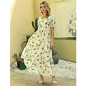 YESNO Women's 2023 Summer Casual Square Neck Floral Dress Ruffle Puff Short Sleeve Belted Maxi Dress with Pockets L E16 CR355