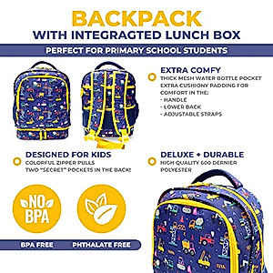 Backpack with Lunch Box for Boys, Cute 15” Boy Backpacks and Integrated Lunch Bag with Water Bottle Pocket Holder, Insulated Padded Travel Bags Boxes for Elementary School Kids, Blue Yellow Trucks