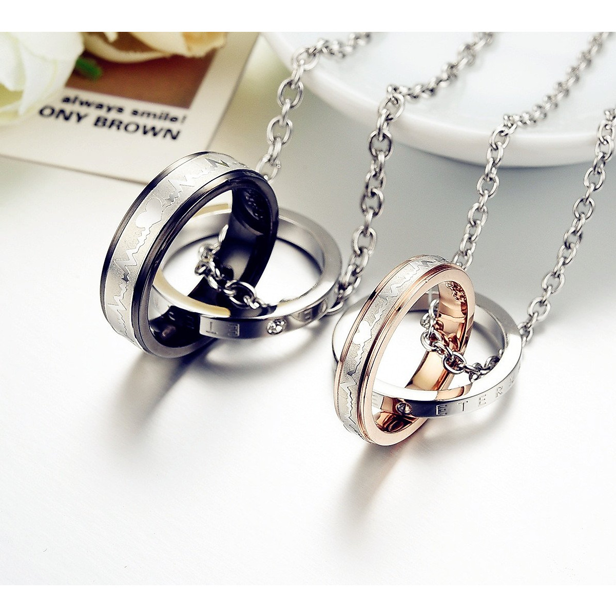 His & Hers Matching Set Titanium Stainless Steel Couple “Heart Beat Chart” Pendant Necklace in a Gift Box