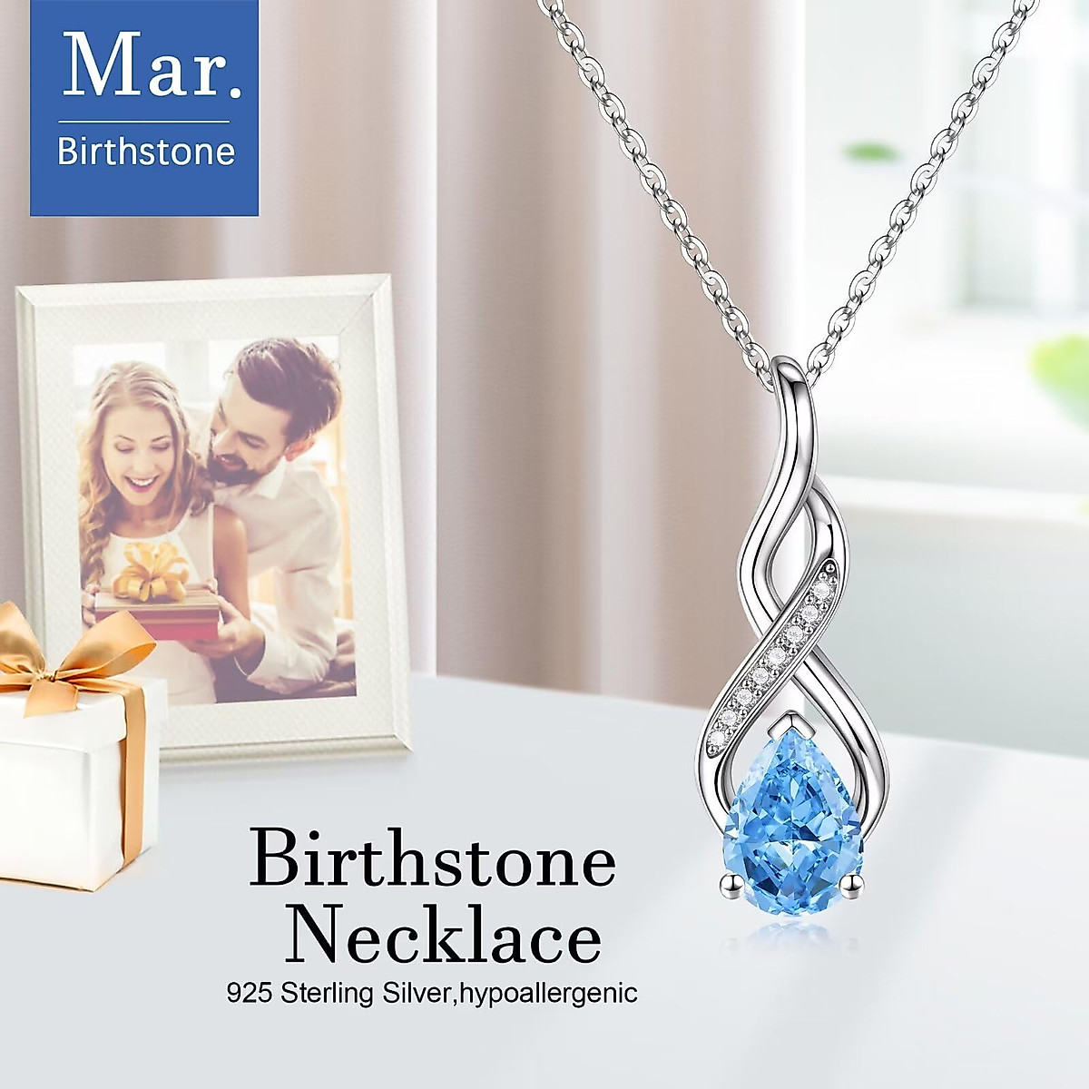 Iefil March Birthstone Necklaces for Women - S925 Sterling Silver Heart Necklace Aquamarine Necklace March Birthstone Jewelry for Women Mom Daughter Girlfriend Wife Birthday Gifts