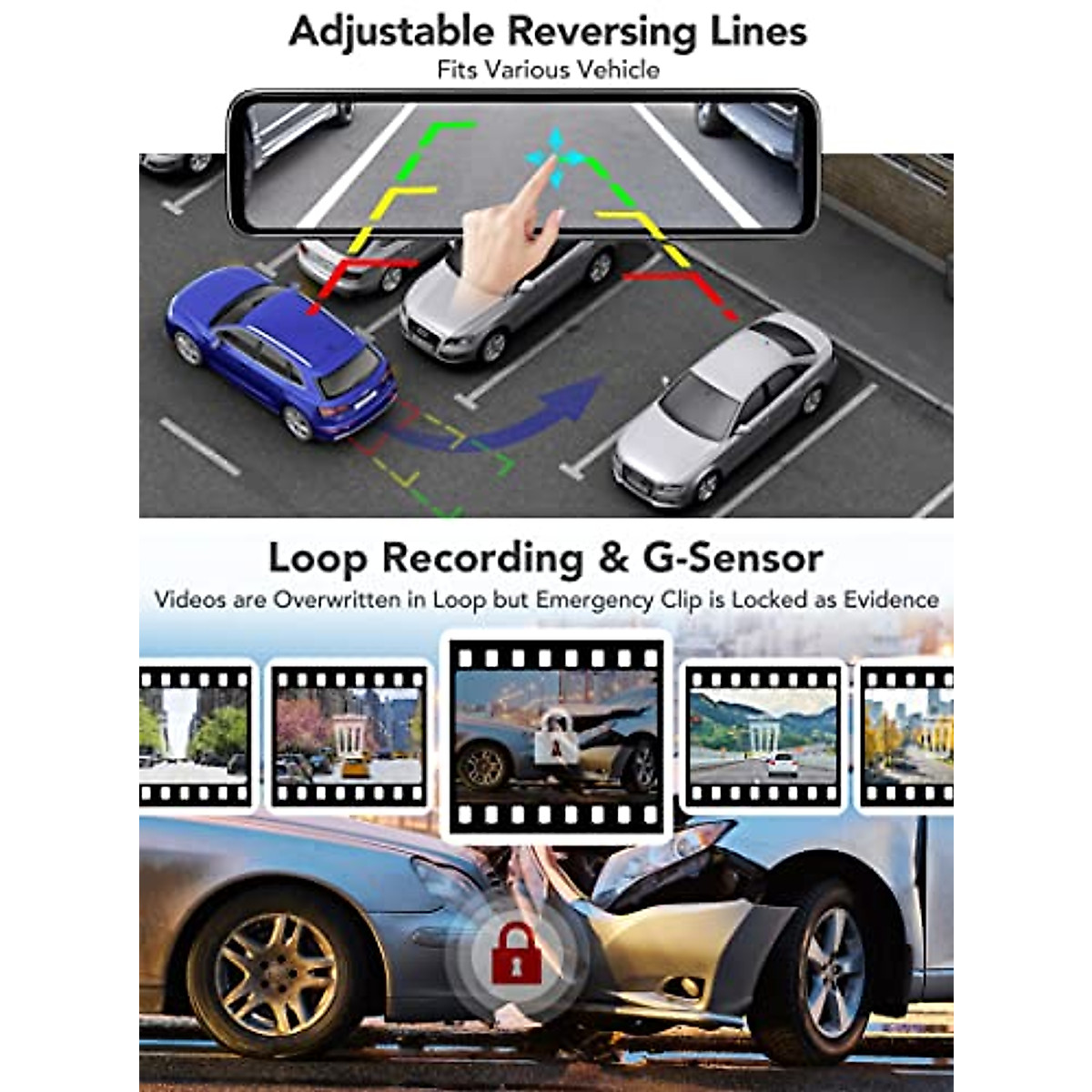 URVOLAX Mirror Dash Cam 11'' Backup Camera,Rear View Mirror Camera with Detached Front and Rear Cam for Car,Anti Glare Full HD Split Screen 1296P,Night Vision,Parking Assist,GPS,SD Card