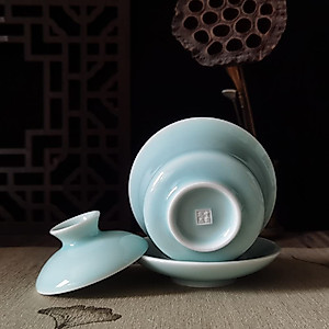 Gaiwan Kung Fu Teacups with Lid 5-Ounce Teacup and Saucer Set Porcelain Chinese Celadon (Sky blue)