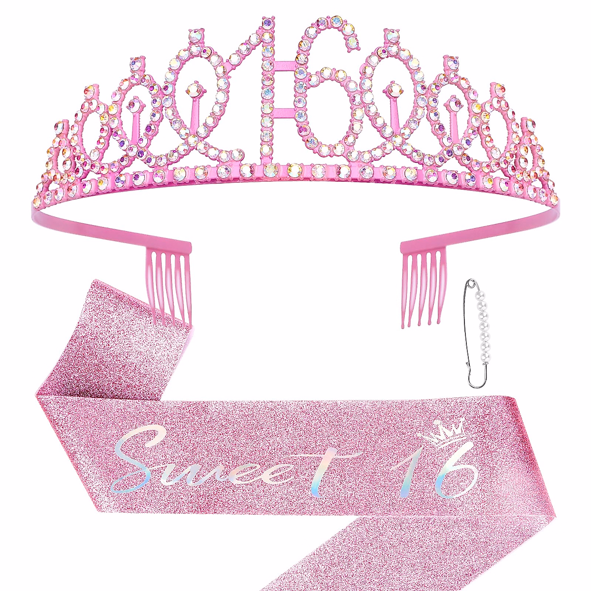 Sweet 16 Birthday Tiara and Sash Kit- Pink "Sweet 16" Birthday Decorations 16th Birthday Party Gifts Birthday Party Supplies for Girls