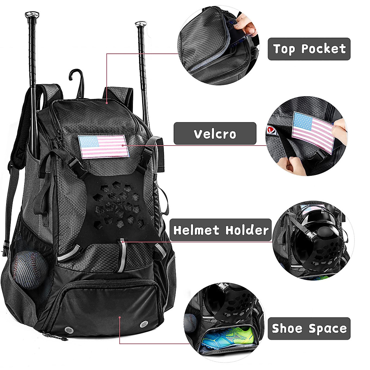 VIGEGARI Youth Baseball Bag, Baseball Backpack for Boys,Youth, Adults-Bat Bag, Softball Bag, T-Ball, Softball Equipment & Accessories for Bat, Glove Holder, Helmet, Shoes Compartment, Baseball Gifts