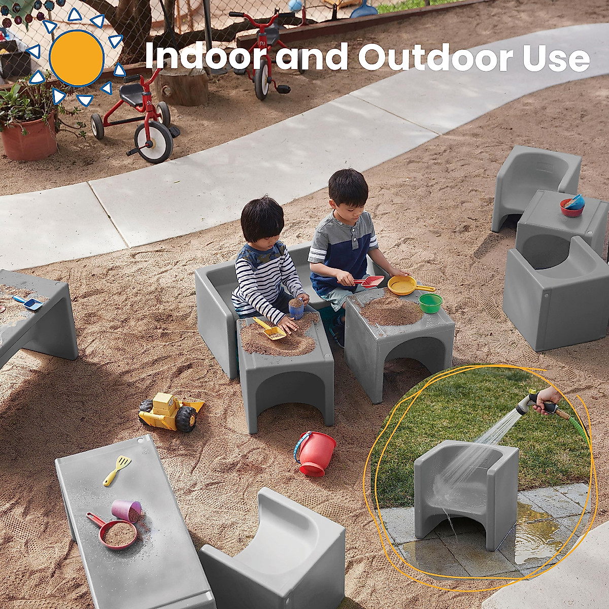 ECR4Kids Tri-Me Table and Cube Chair Set, Multipurpose Furniture, Dark Grey, 3-Piece