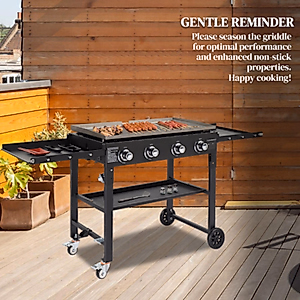 Commercial Griddle on Cart, 36" Heavy Duty Manual Flat Top Griddle, Outdoor Cooking Station with Side Shelves, Steel Natural Gas Griddle, 4-Burners Restaurant Portable Grill