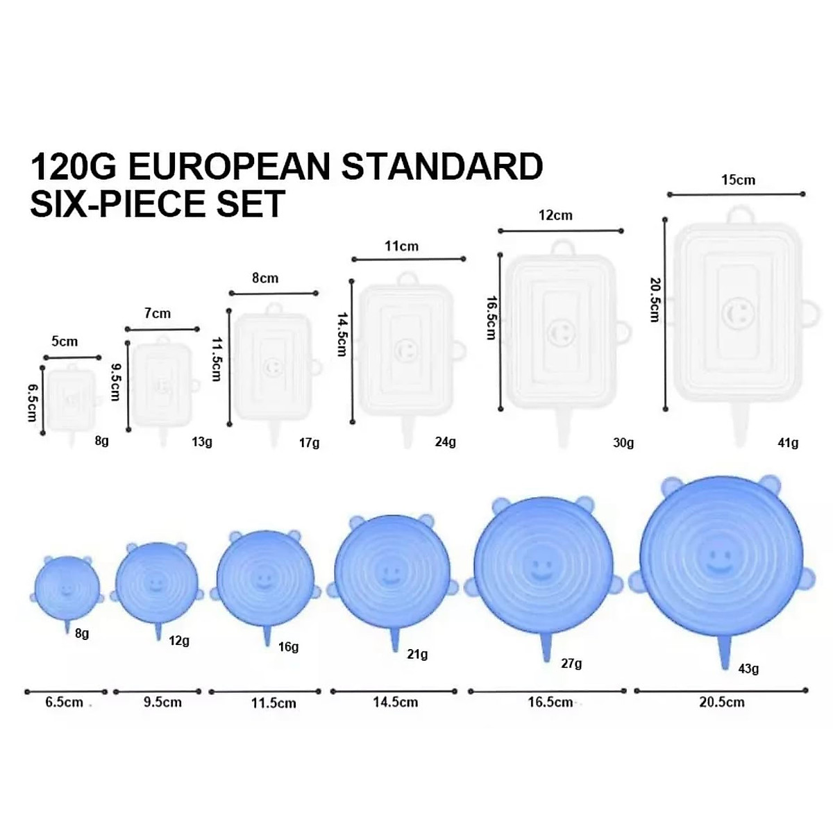 TraCol Reusable Silicone Stretch Lids, 12 Pcs Silicone Lids, 6 different Sizes BPA-free Silicone Bowl Covers for Cups, Bowls and Dish, Flexible, Round and Rectangle Fit 2.5" - 8.5” Container, Blue