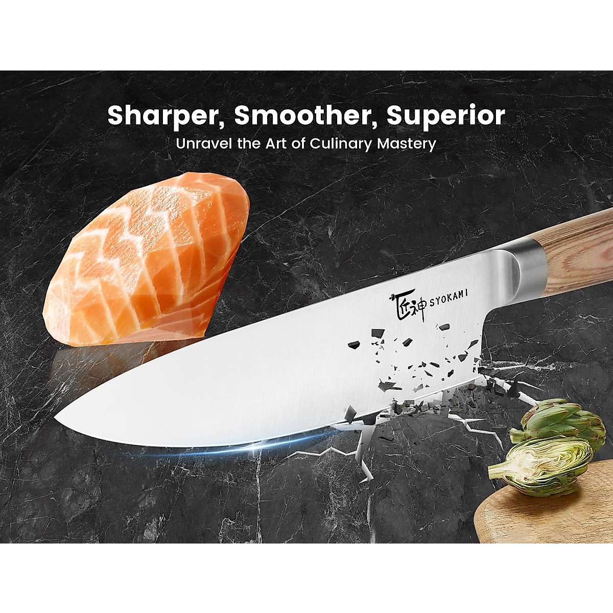 SYOKAMI Chef Knife Set, 14pcs Japanese Kitchen Knife Set with Roll Bag, Pakkawood Handle, High Carbon Stainless Steel Professional Kitchen Knives for Camp Travel Outdoor