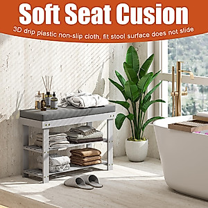 GHWIE Bamboo Shoe Rack Bench,Storage Organizer with Padded seat,3-Tier Shoe Rack for Entryway(Grey)