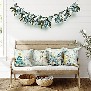 LITIVY Christmas Pillow Covers 18x18 Set of 4 for Xmas Decorative Pillowcase Winter Holiday Throw Cushion Case for Sofa Couch Home Farmhouse Decor (Christmas Tree Snowman Gnome Deer) (18"x18", Blue)