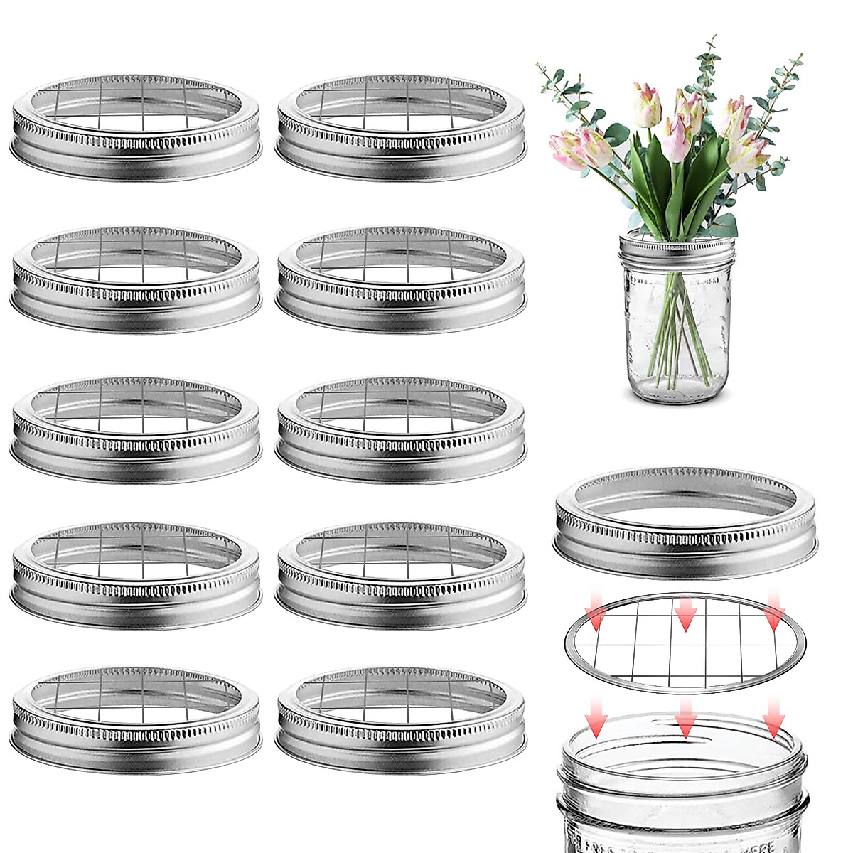 10 Pack Mason Jar Flower Frog Lid Mason Grid Flower Organizer Lid Insert for Valentine's Day Home Kitchen Office Regular Mouth Mason Canning Jars Accessories, 70 mm