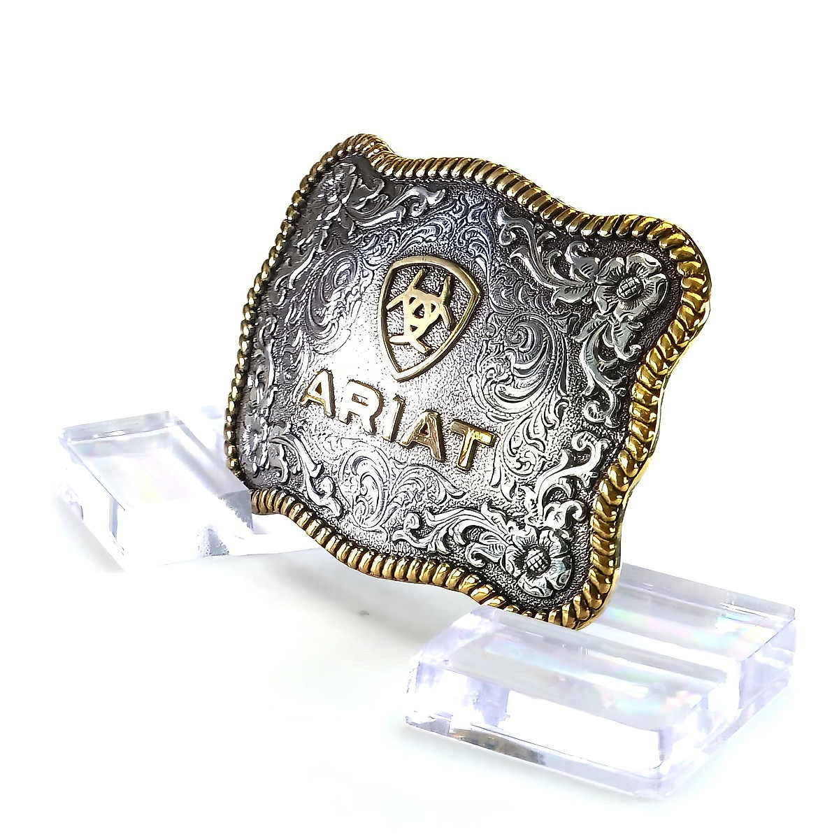 ARIAT Large Scalloped Shape Buckle with Logo, Floral and Scroll Detail, Twisted Rope Trim, 3.75"x 2.75"